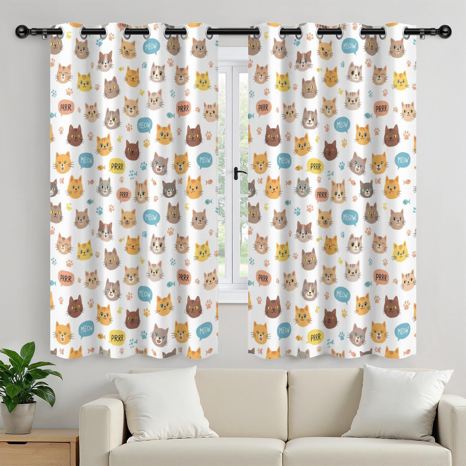 Cat and Fish White Pattern Blackout Curtains,Triple Weaved Fabric ...
