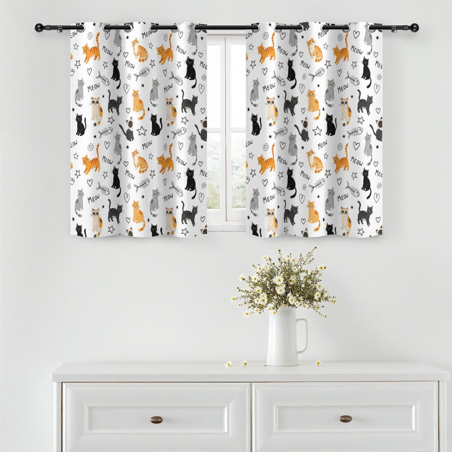 Cat and Fishbone Meow White Pattern Blackout Curtains,Triple Weaved ...