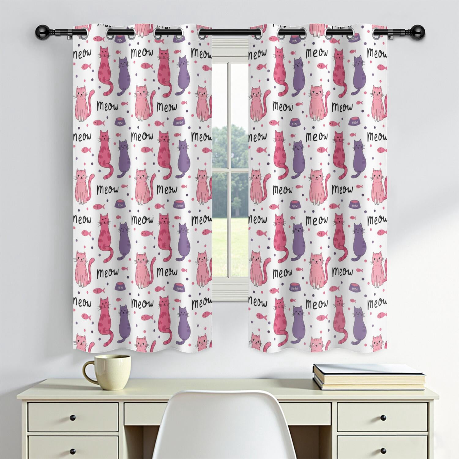 Cat and Fishbone White Pattern Blackout Curtains,Triple Weaved Fabric ...