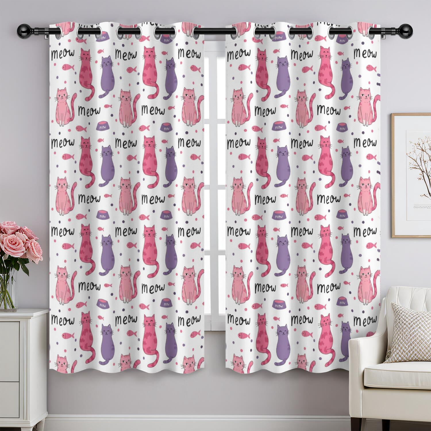 Cat and Fishbone White Pattern Blackout Curtains,Triple Weaved Fabric ...