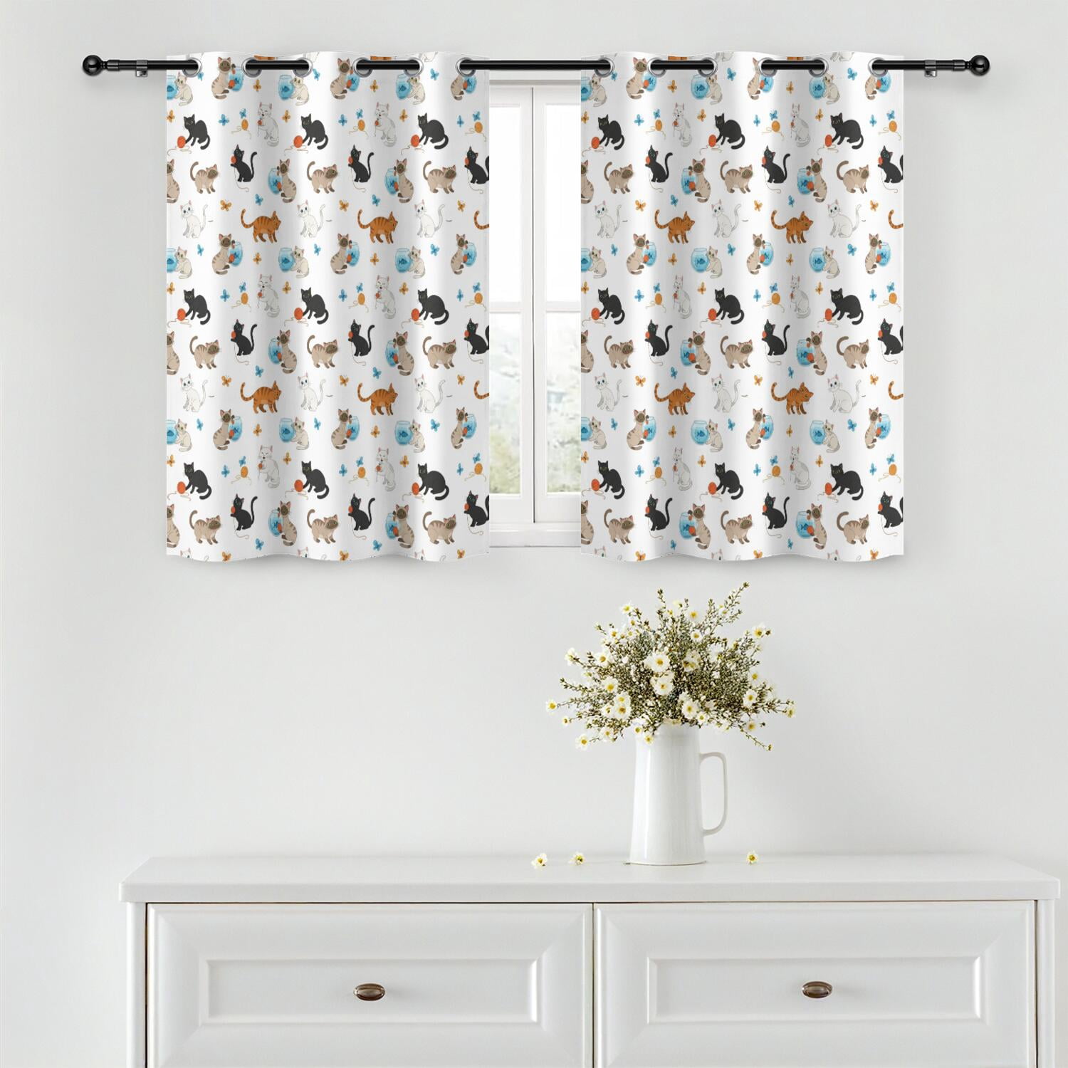 Cat and Fishbowl White Pattern Blackout Curtains,Triple Weaved Fabric ...