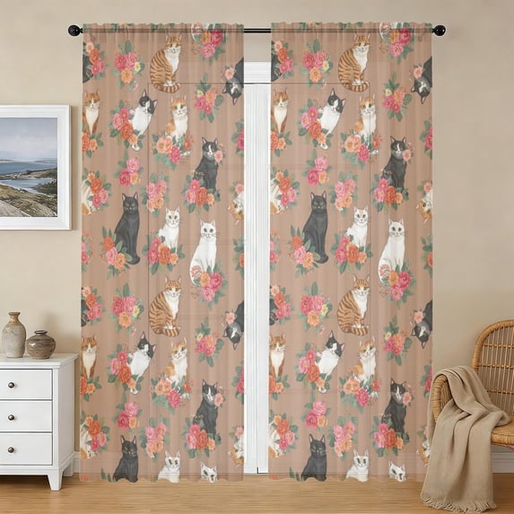 Cat and Flower Brown Pattern Sheer Curtains, Rod Pocket Sheer Drapes ...