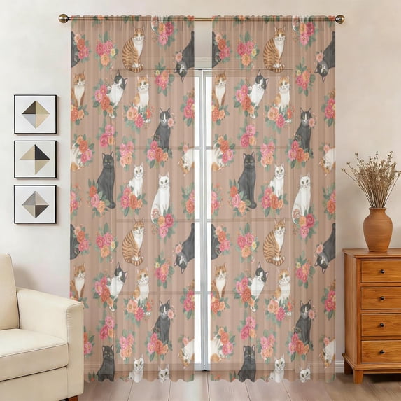 Cat and Flower Brown Pattern Sheer Curtains, Sheer Window Panels with ...