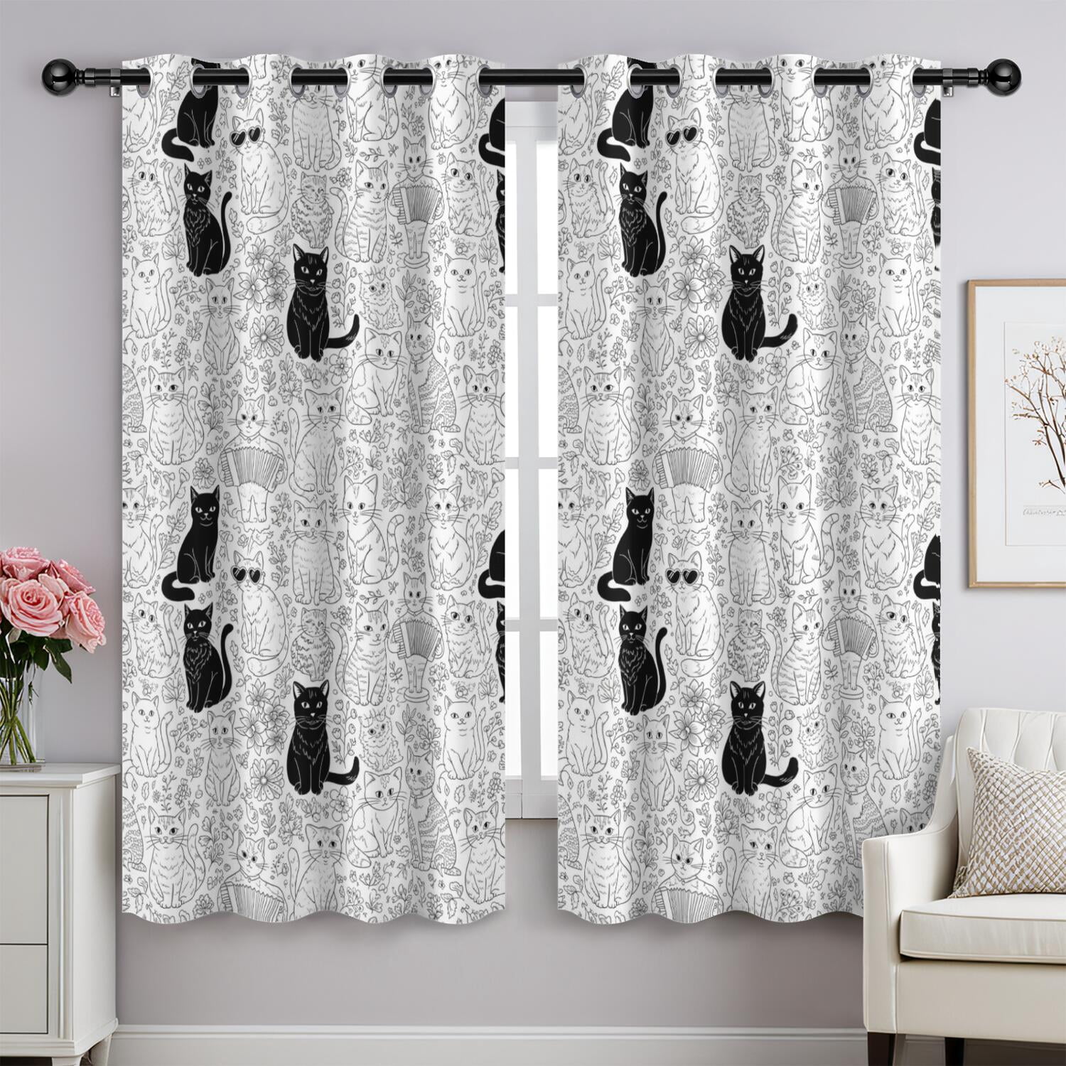 Cat and Flower White Pattern Blackout Curtains,Triple Weaved Fabric ...