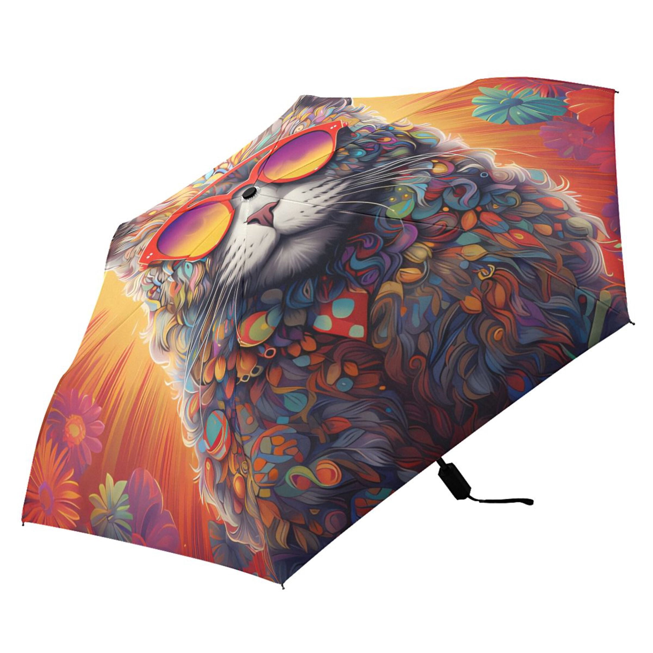 Cat and Flowers Compact Folding Umbrella for Rain Windproof Travel ...