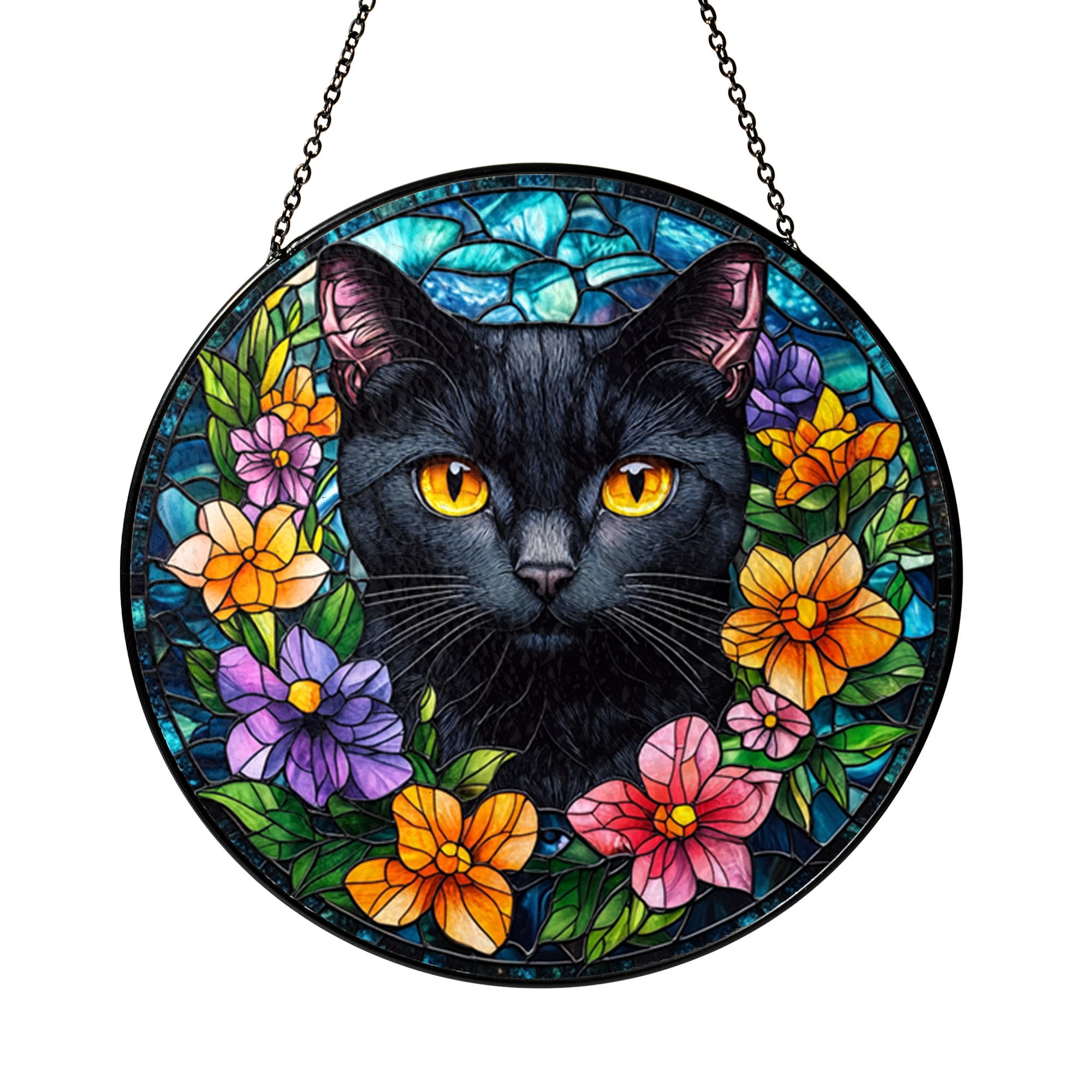 Cat and Flowers Glass Style Suncatcher – Colorful Window Decor Art ...
