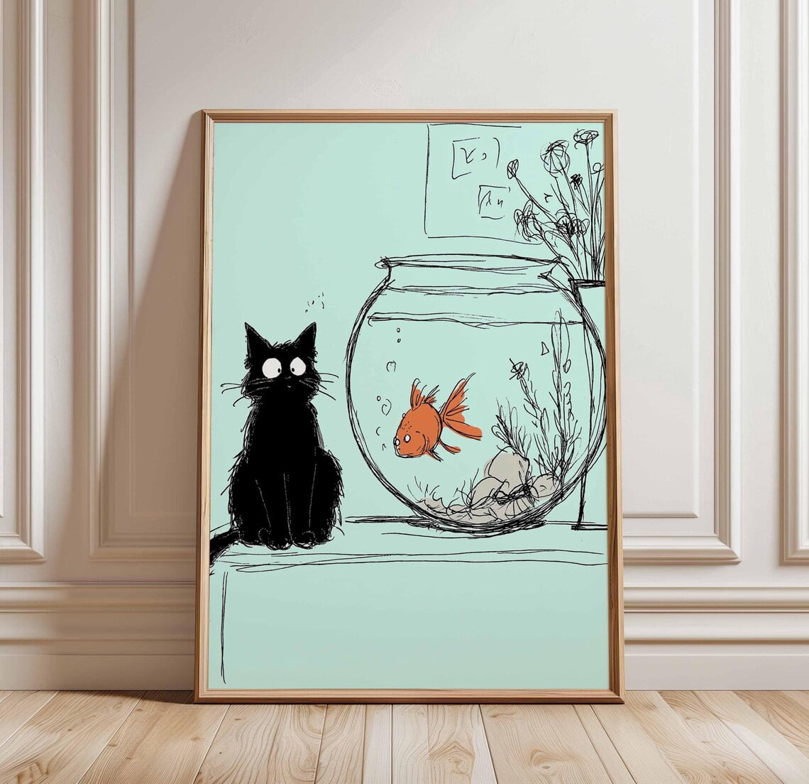 Cat and Goldfish Funny Cat Minimalist Line Drawing Whimsical Art ...