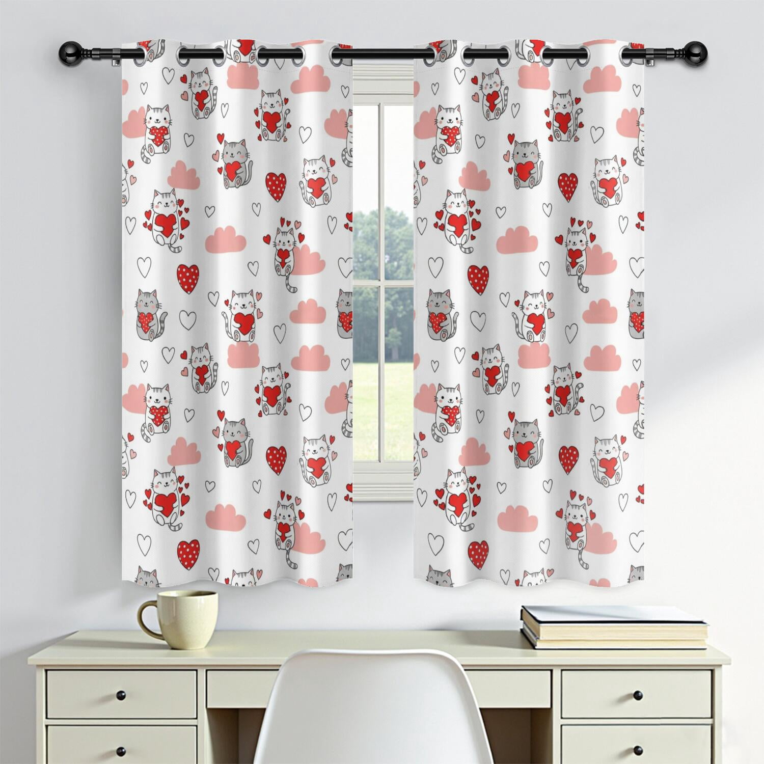 Cat and Heart White Pattern Blackout Curtains,Triple Weaved Fabric ...