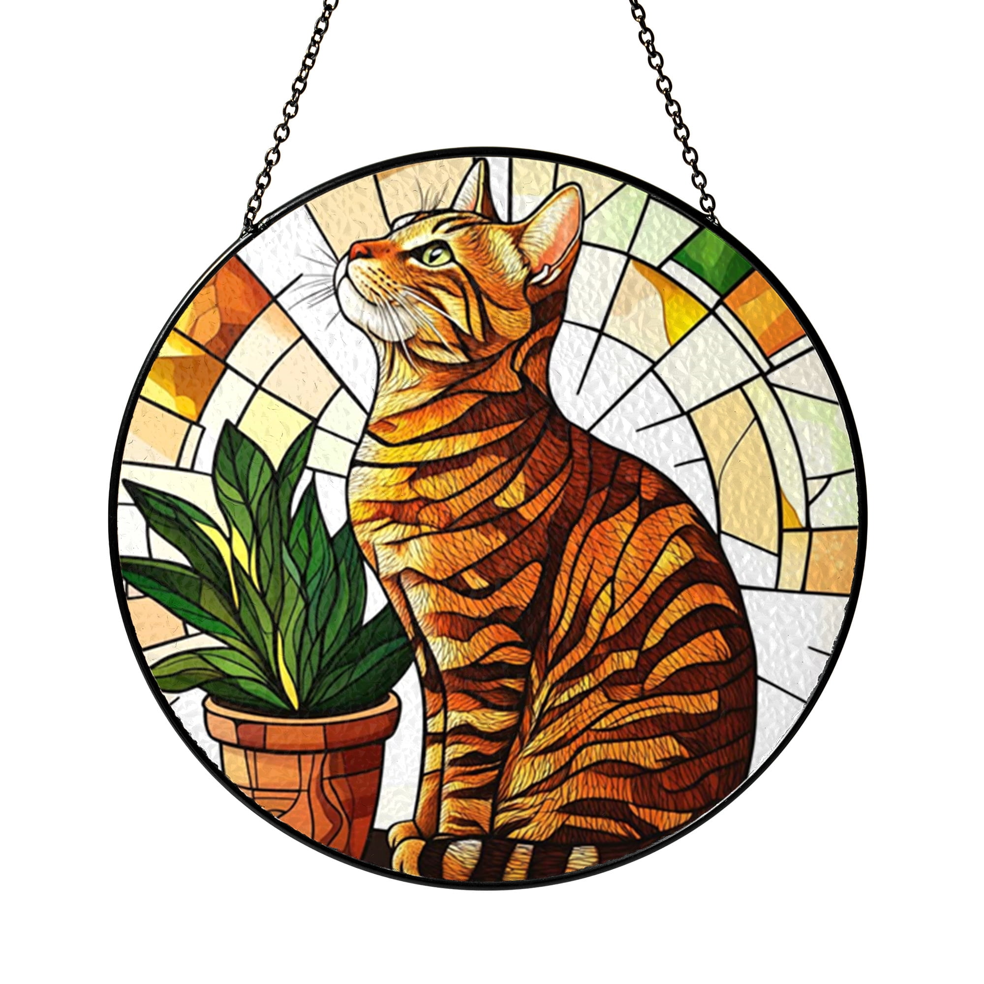Cat and Monstera Stained Glass Style Suncatcher, Fantasy Botanical ...
