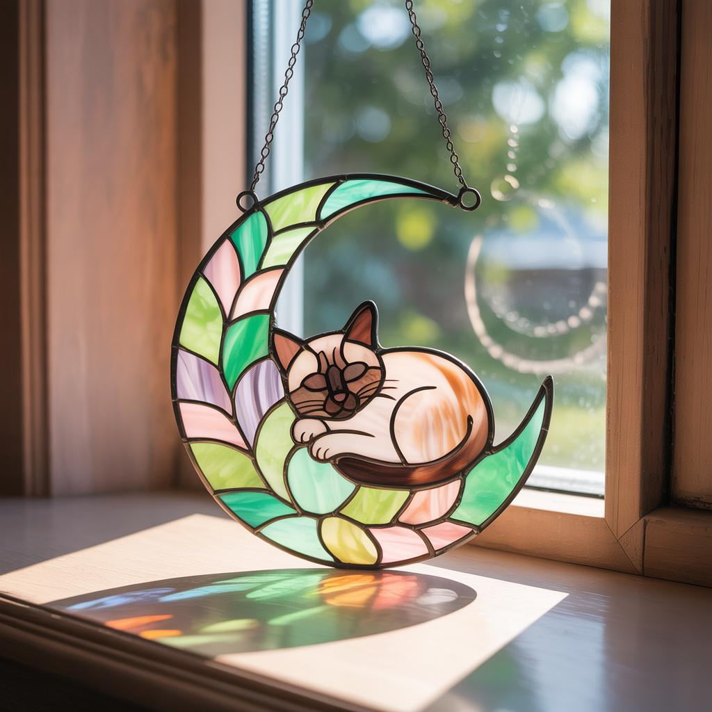 Cat and Moon Acrylic Suncatcher, Sleeping Cat Stained Glass, Pastel ...