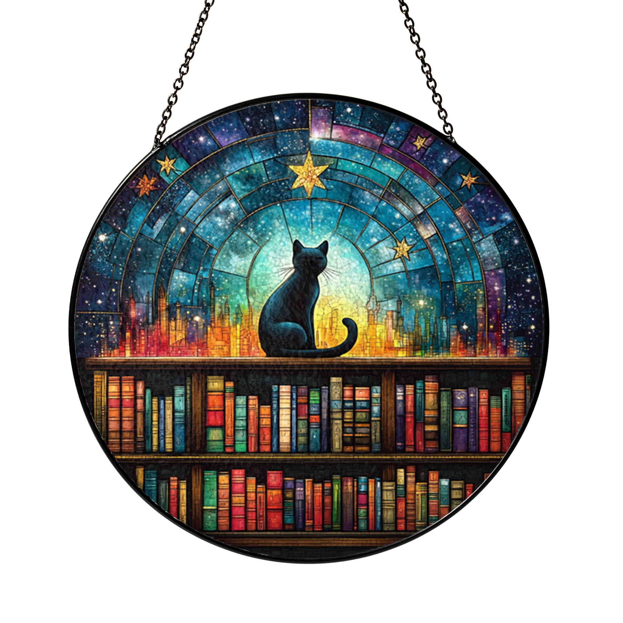 Cat and Moon Stained Glass Suncatcher – Bookshelf Scene Decorative ...