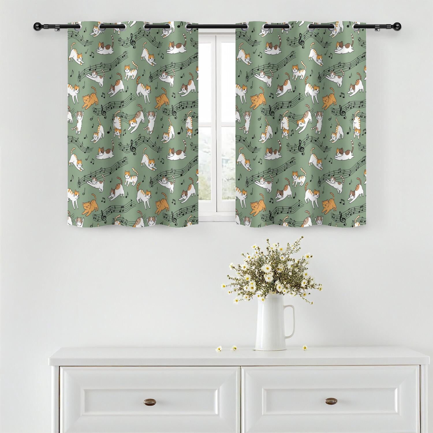 Cat and Music Note Green Pattern Blackout Curtains,Triple Weaved Fabric ...