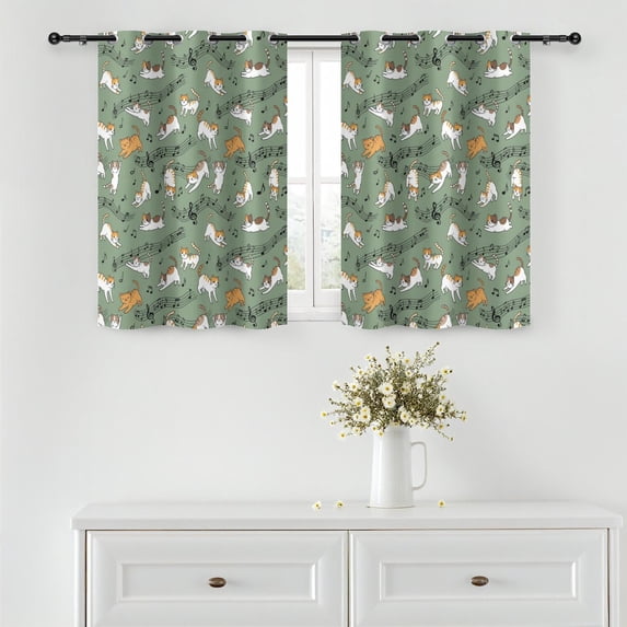 Cat and Music Note Green Pattern Blackout Curtains,Triple Weaved Fabric ...