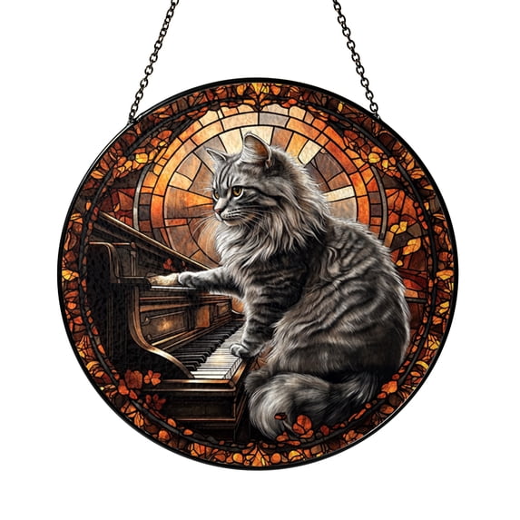 Cat and Piano Performance Design Stained Glass Window Hanging - Walmart.com