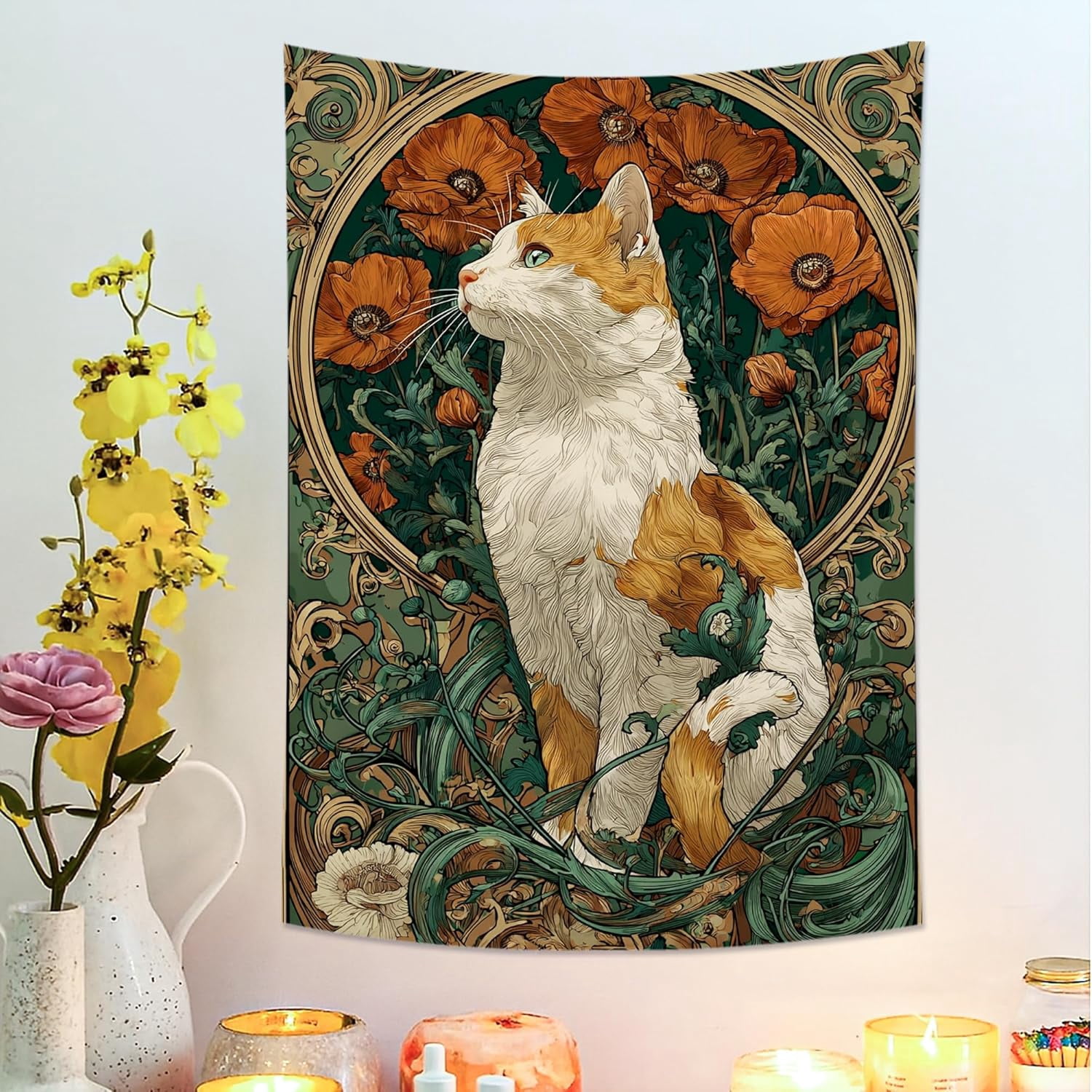 Cat and Poppy Orange Green Tapestry, Floral Bohemian Decorative Wall ...