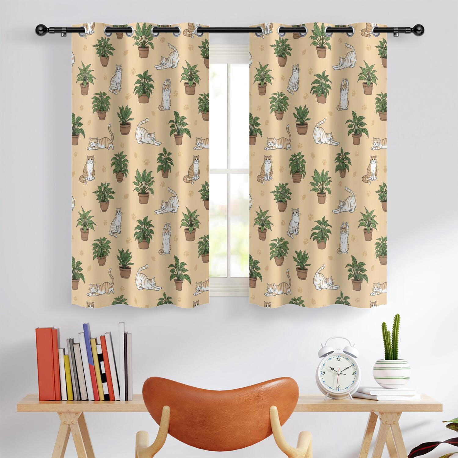 Cat and Potted Plant Beige Pattern Blackout Curtains,Triple Weaved ...