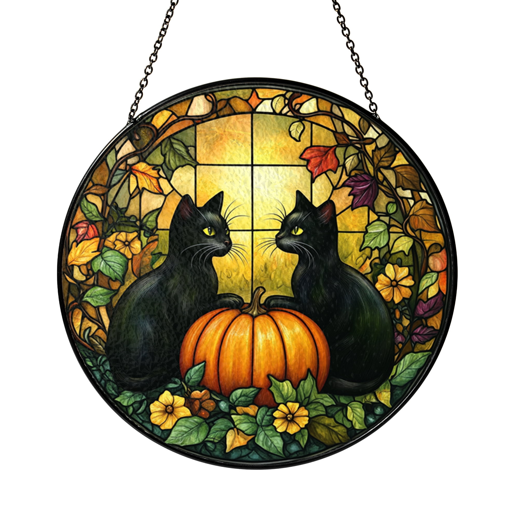 Cat and Pumpkin Stained Glass Style Suncatcher, Fantasy Feline Window ...