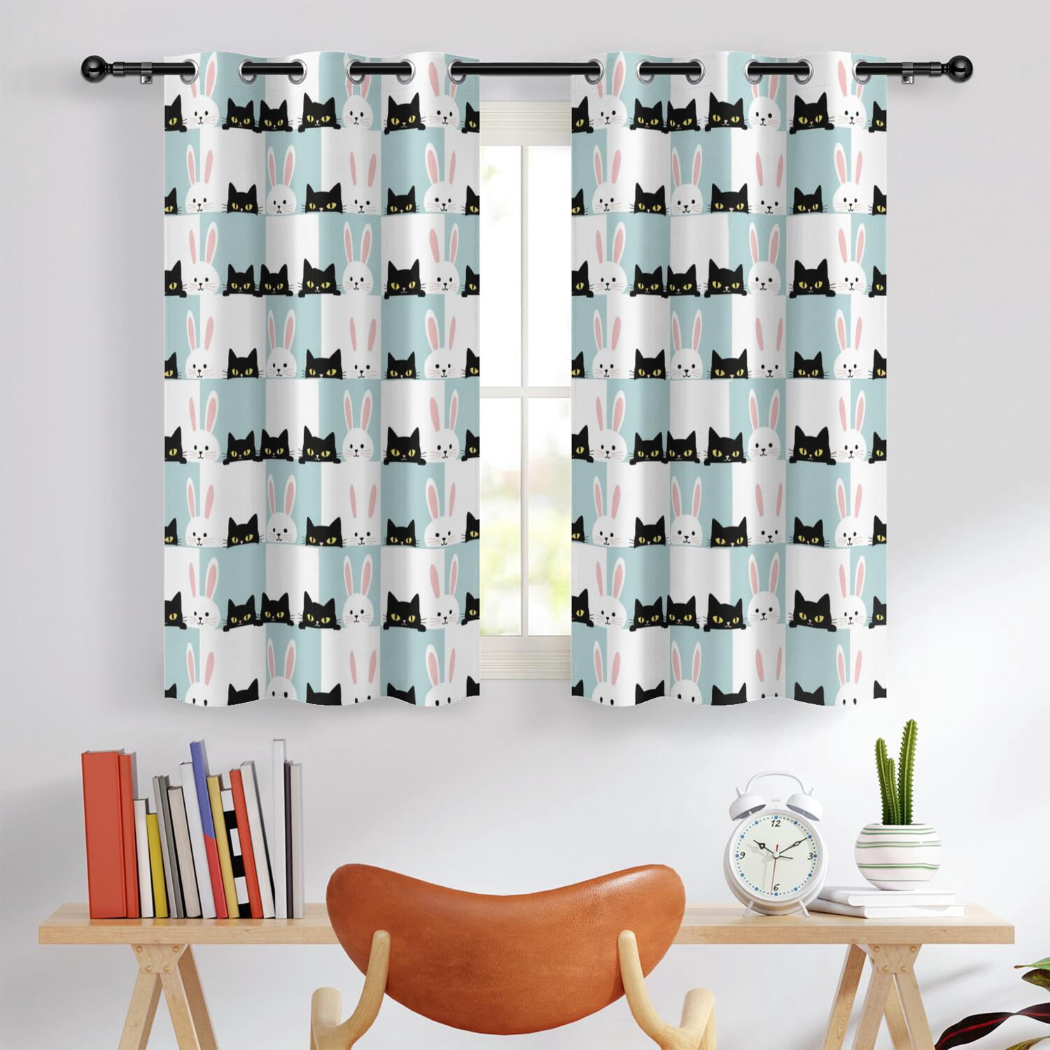 Cat and Rabbit Checkerboard Blue Blackout Curtains,Triple Weaved Fabric ...