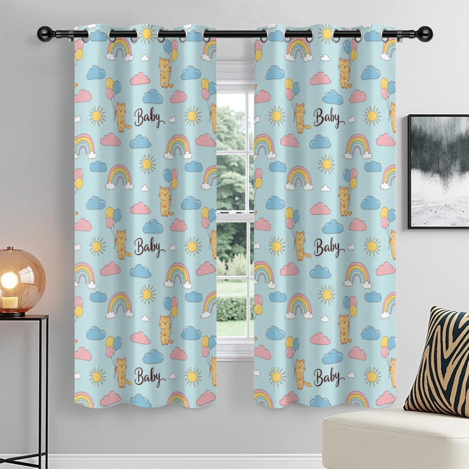 Cat and Rainbow Blue Pattern Blackout Curtains,Triple Weaved Fabric ...