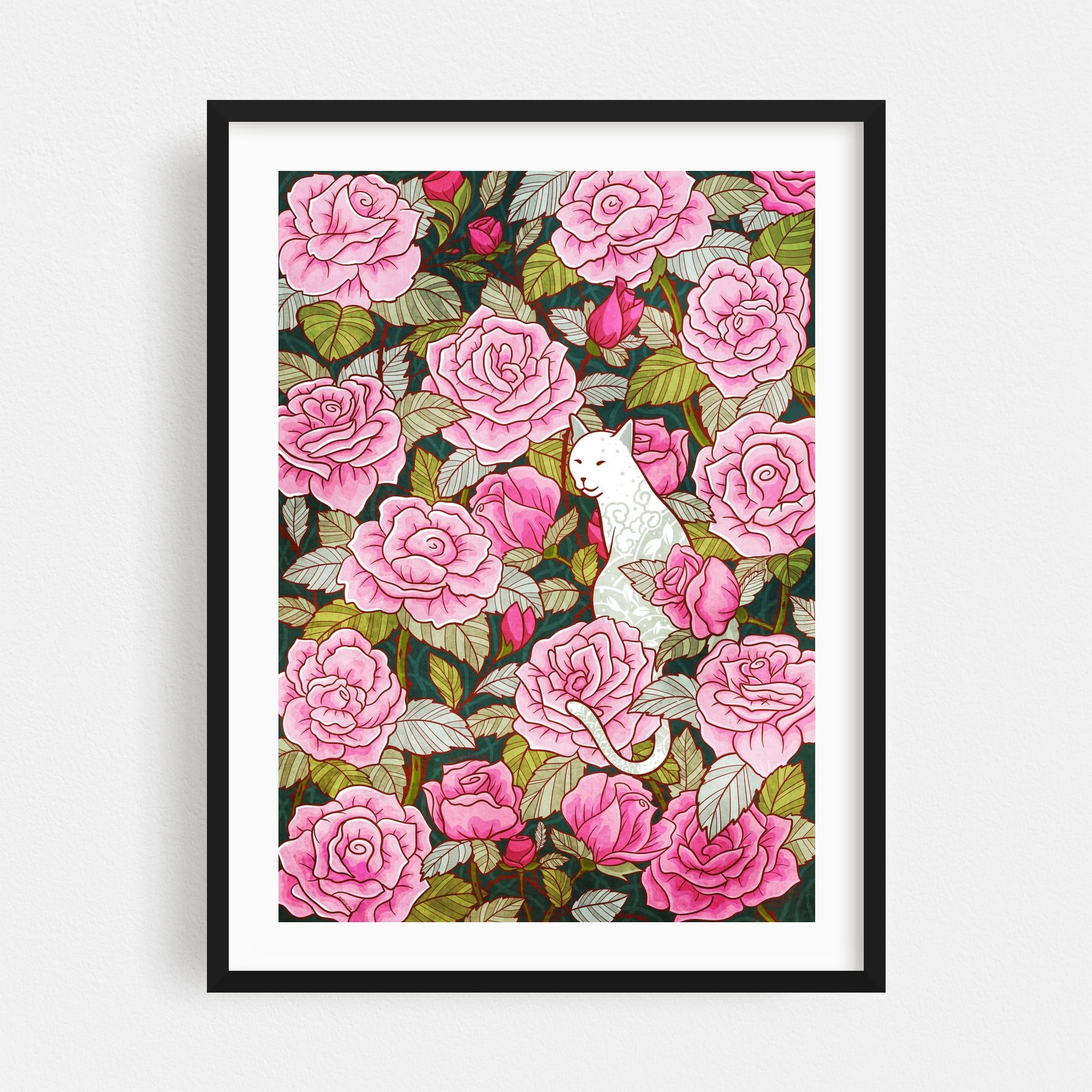 Cat and Roses - Illustration Floral Cat Pattern Watercolor Whimsical ...
