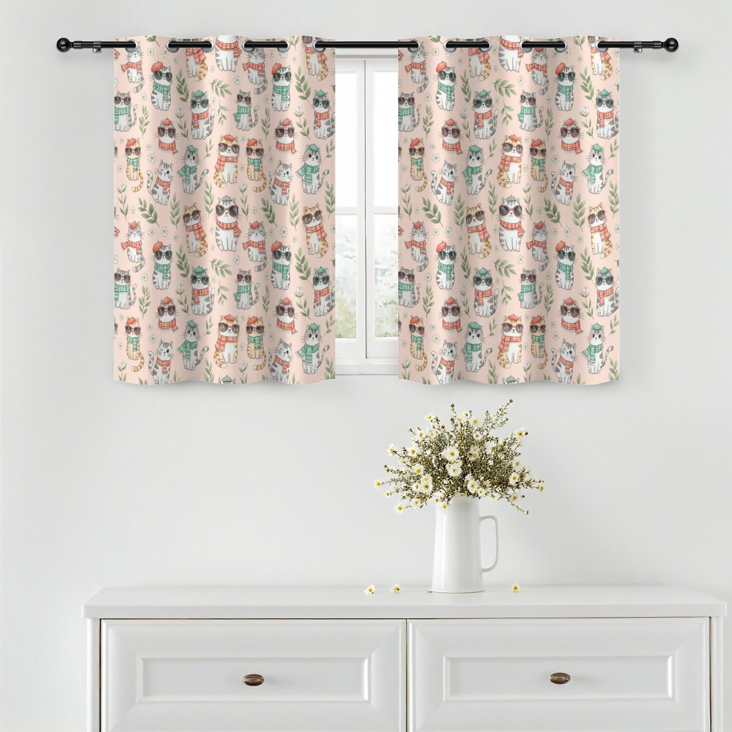 Cat and Scarf Pink Pattern Blackout Curtains,Triple Weaved Fabric ...