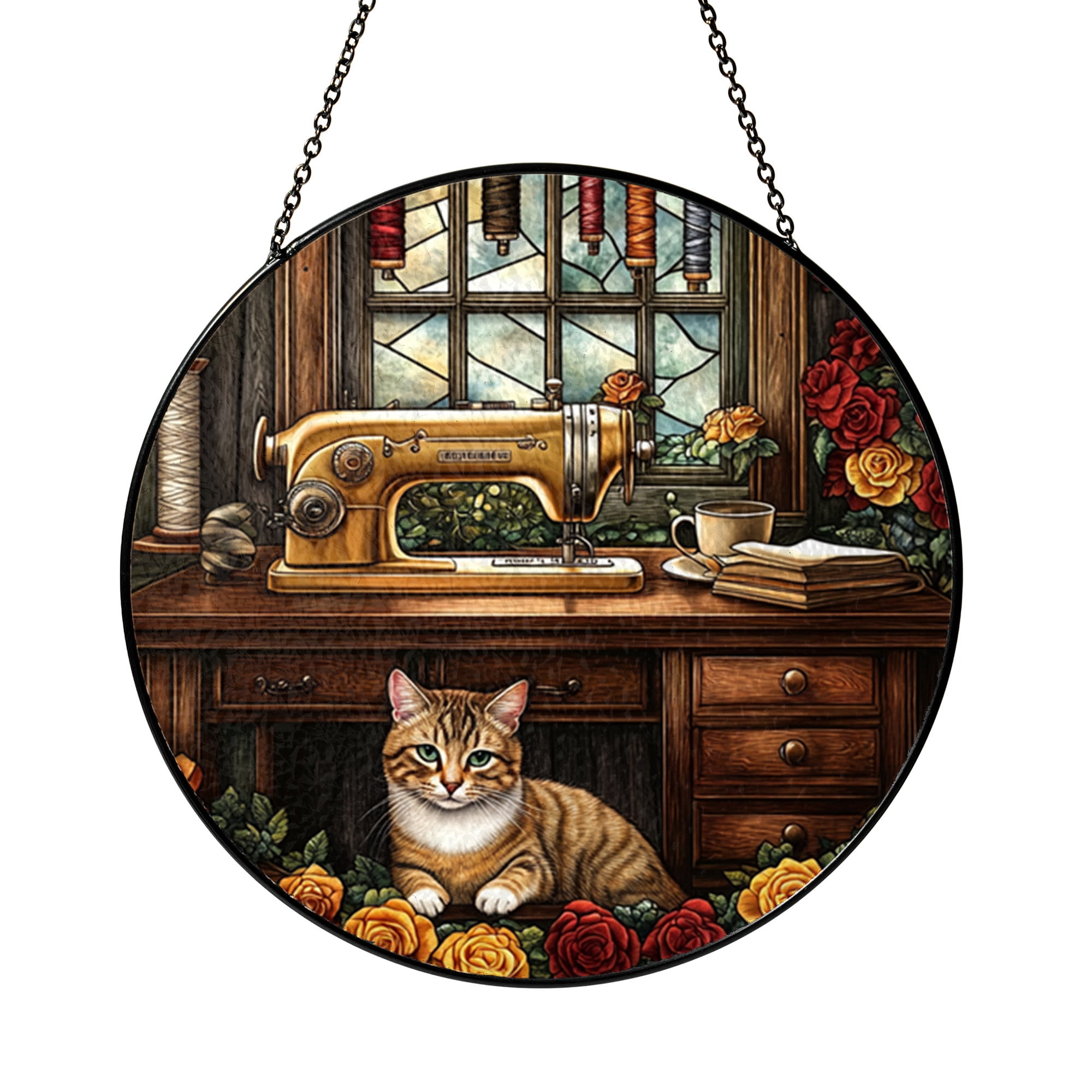 Cat and Sewing Machine Glass Suncatcher Window Art, Floral Books Home ...