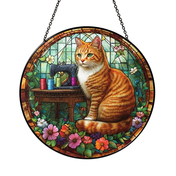 Cat and Sewing Machine Stained Glass Suncatcher – Floral Window Hanging ...