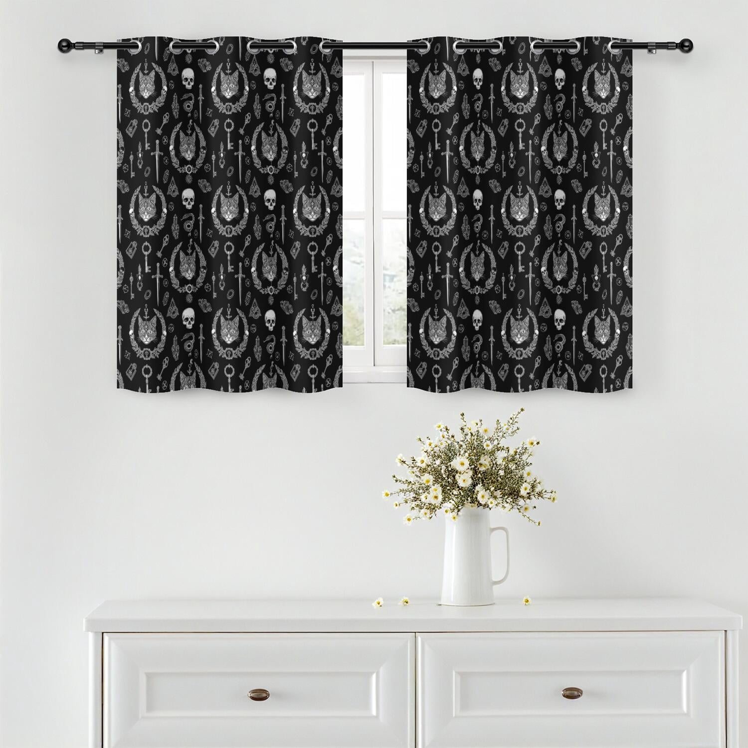 Cat and Skull Gothic Pattern Blackout Curtains,Triple Weaved Fabric ...