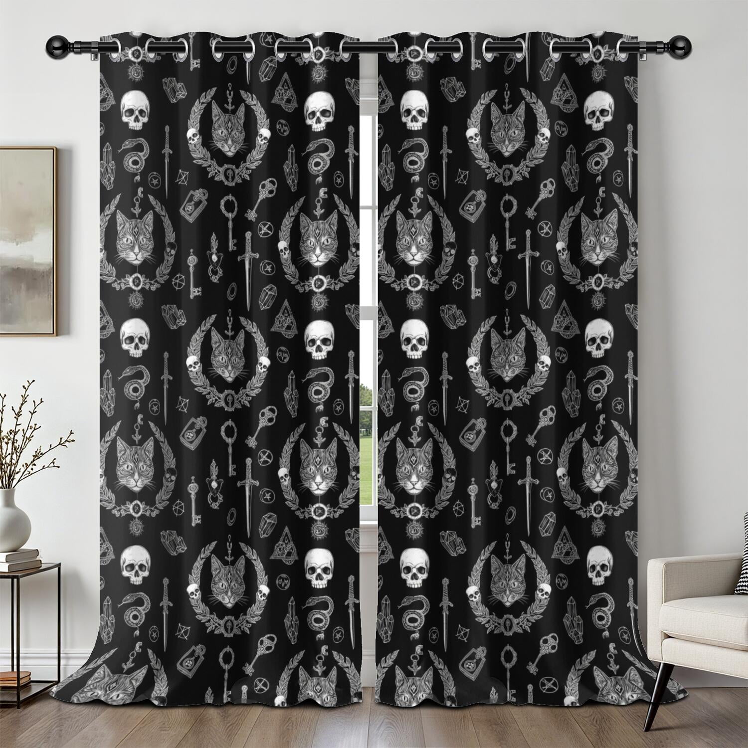 Cat and Skull Gothic Pattern Blackout Curtains,Triple Weaved Fabric ...