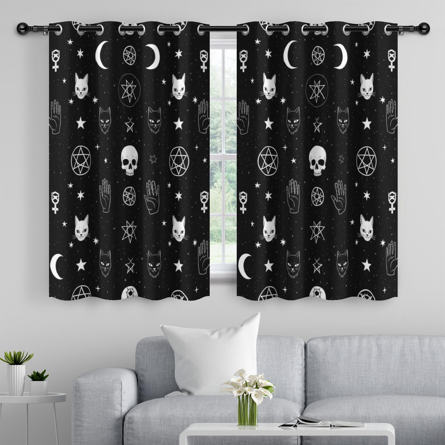 Cat and Skull Gothic Pattern Blackout Curtains,Triple Weaved Fabric ...