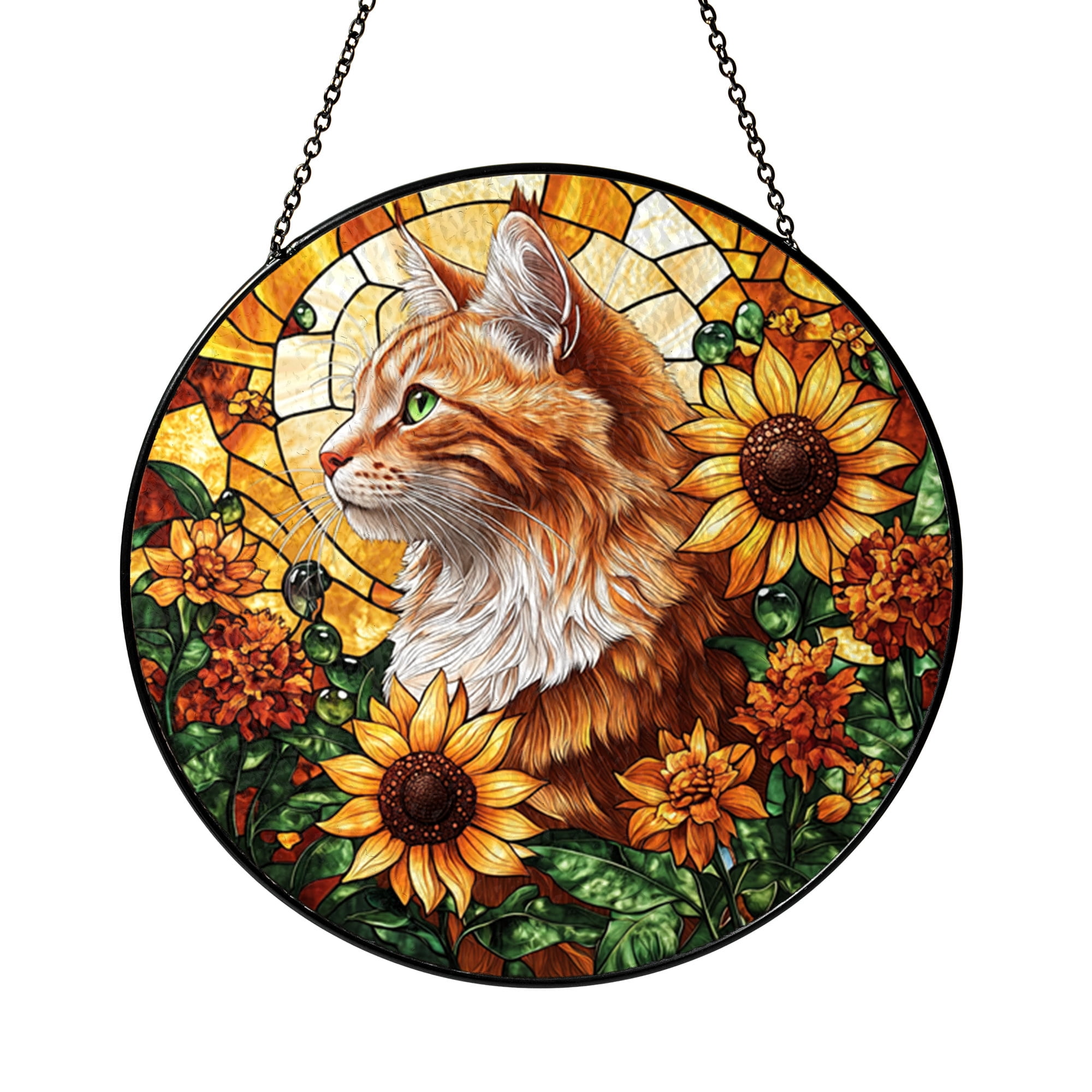 Cat and Sunflower Stained Glass Style Suncatcher, Fantasy Feline Window ...