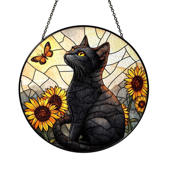 Cat and Sunflower Window Sun Catcher, Bright Stained Glass Style ...