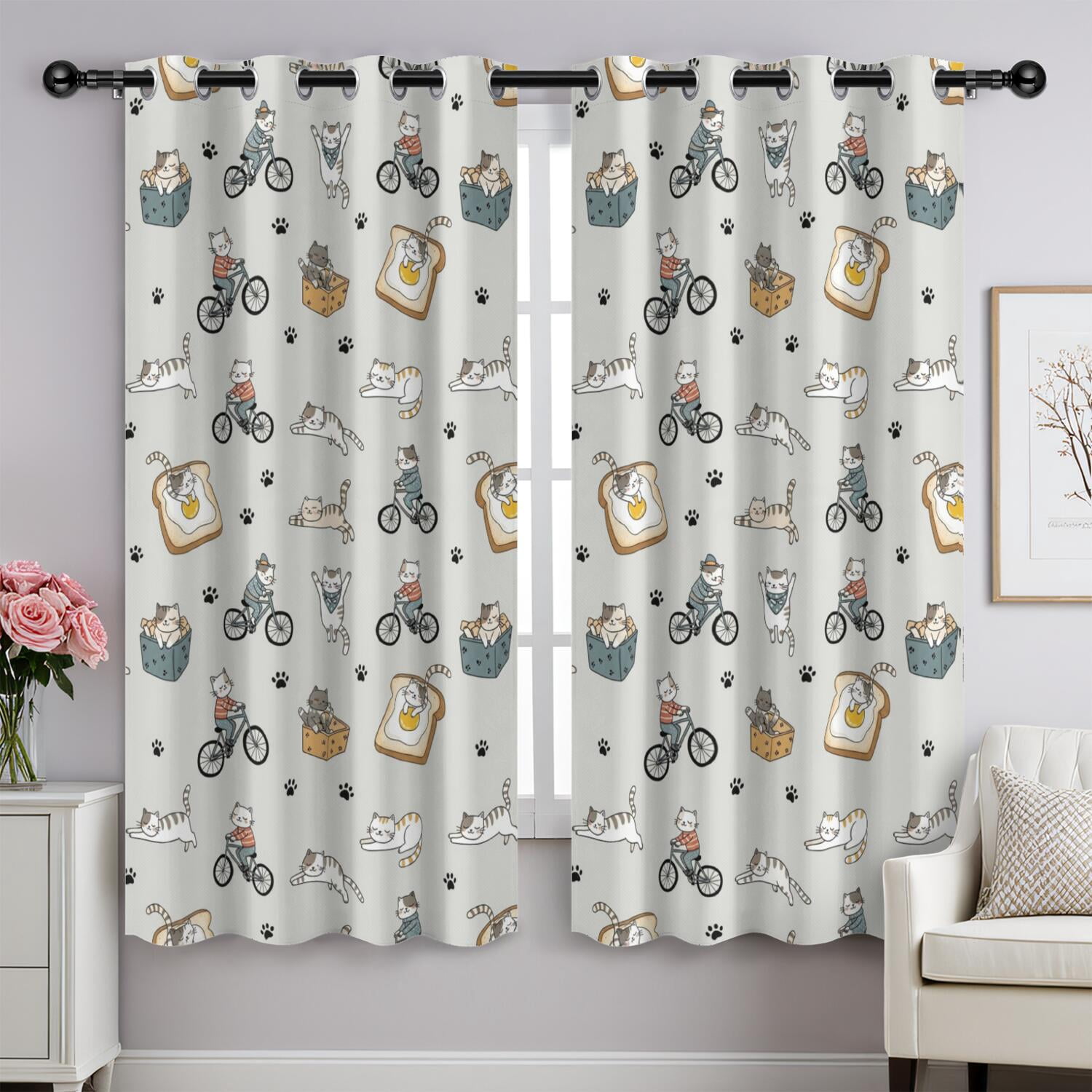 Cat and Toast Bicycle Gray Pattern Blackout Curtains,Triple Weaved ...