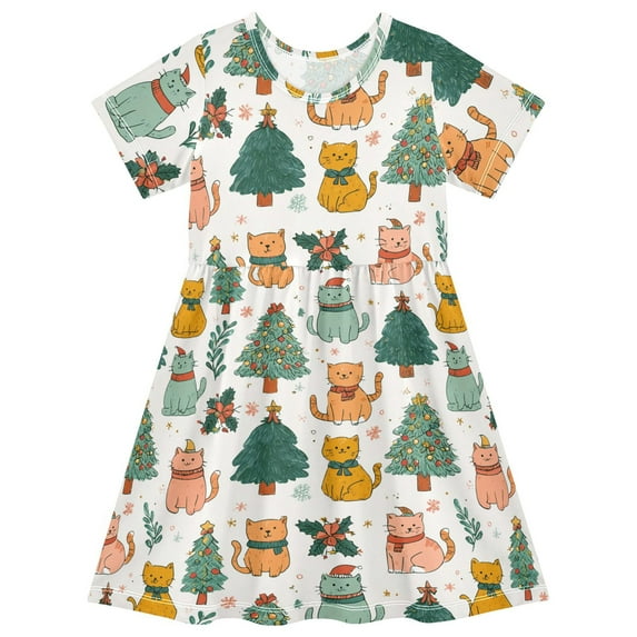Cat and Tree Christmas Short Sleeve Dress A-Line Cute Midi Casual ...