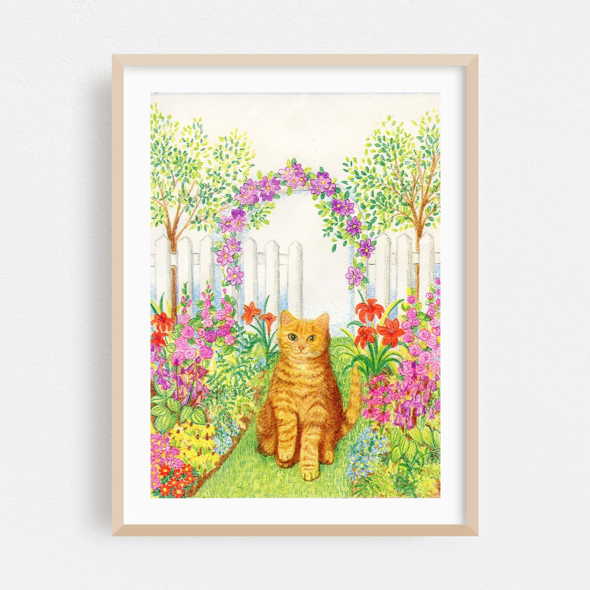 Cat and White Pickett Fence in Garden - Drawing Cat Floral Garden ...