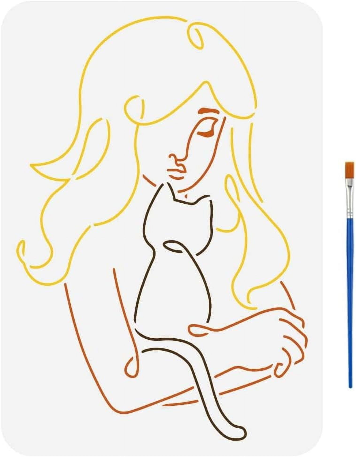 Cat and Woman Painting Stencil 8.3x11.7inch Line Woman Stencil with 1Pc ...