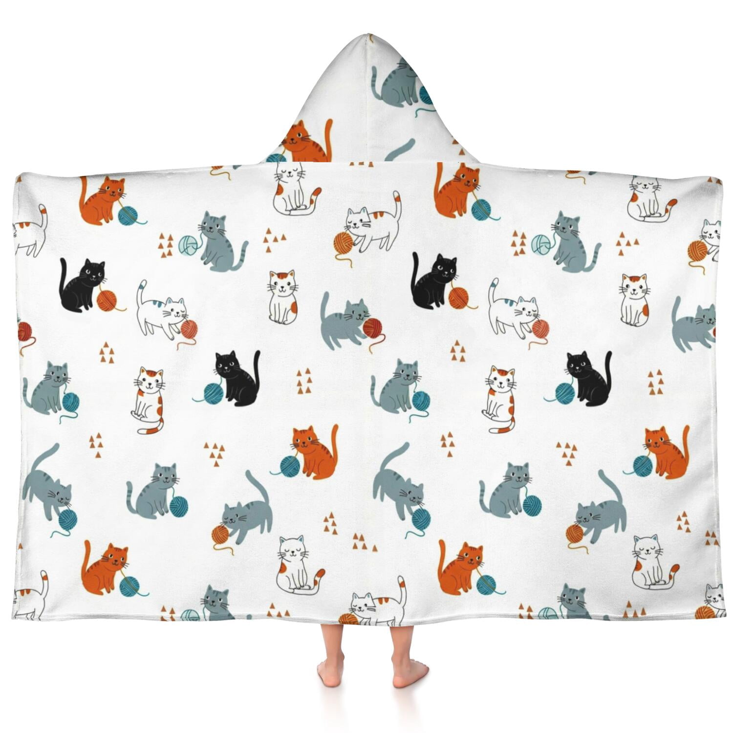 Cat and Yarn Ball White Pattern Teens Hooded Bath Towel Wrap for Ages 3 ...