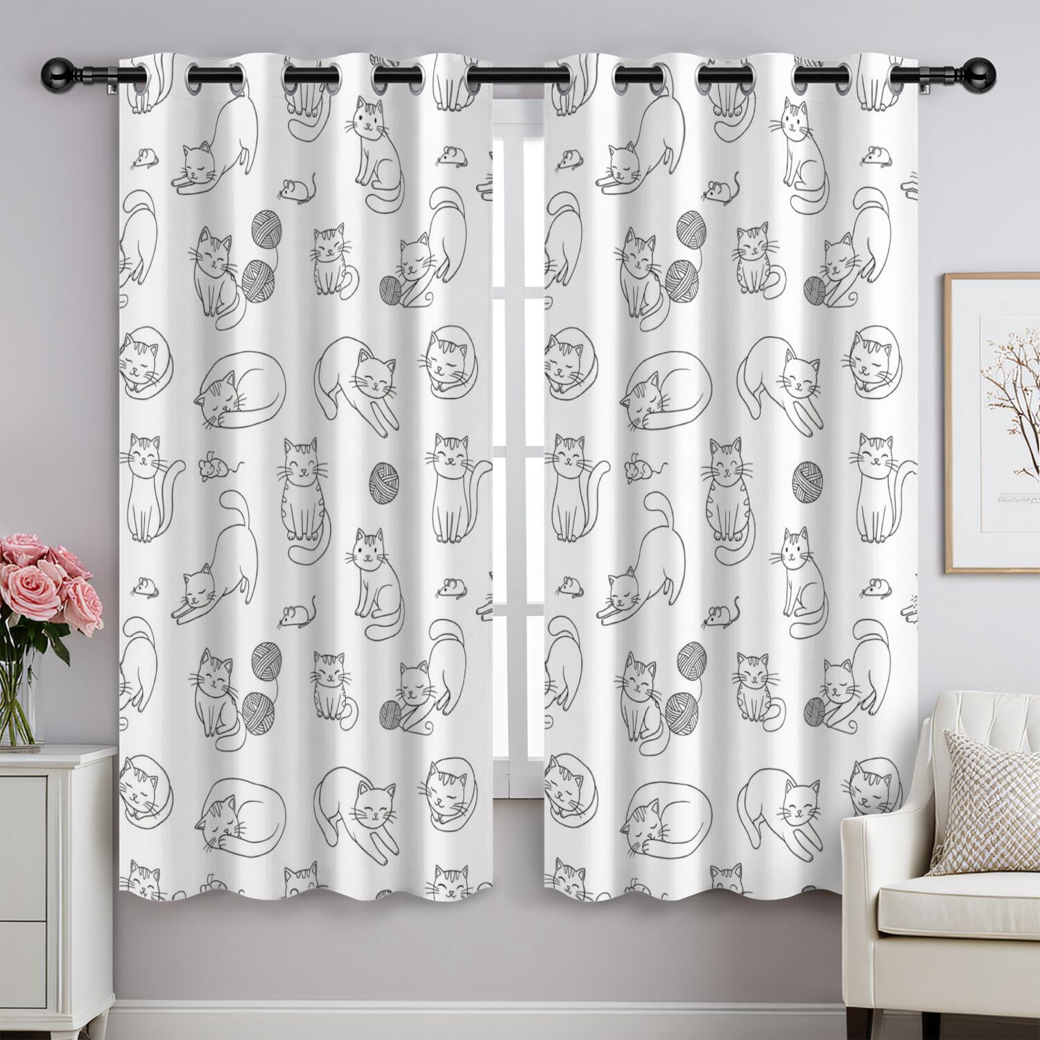 Cat and Yarn Line Art White Pattern Blackout Curtains,Triple Weaved ...