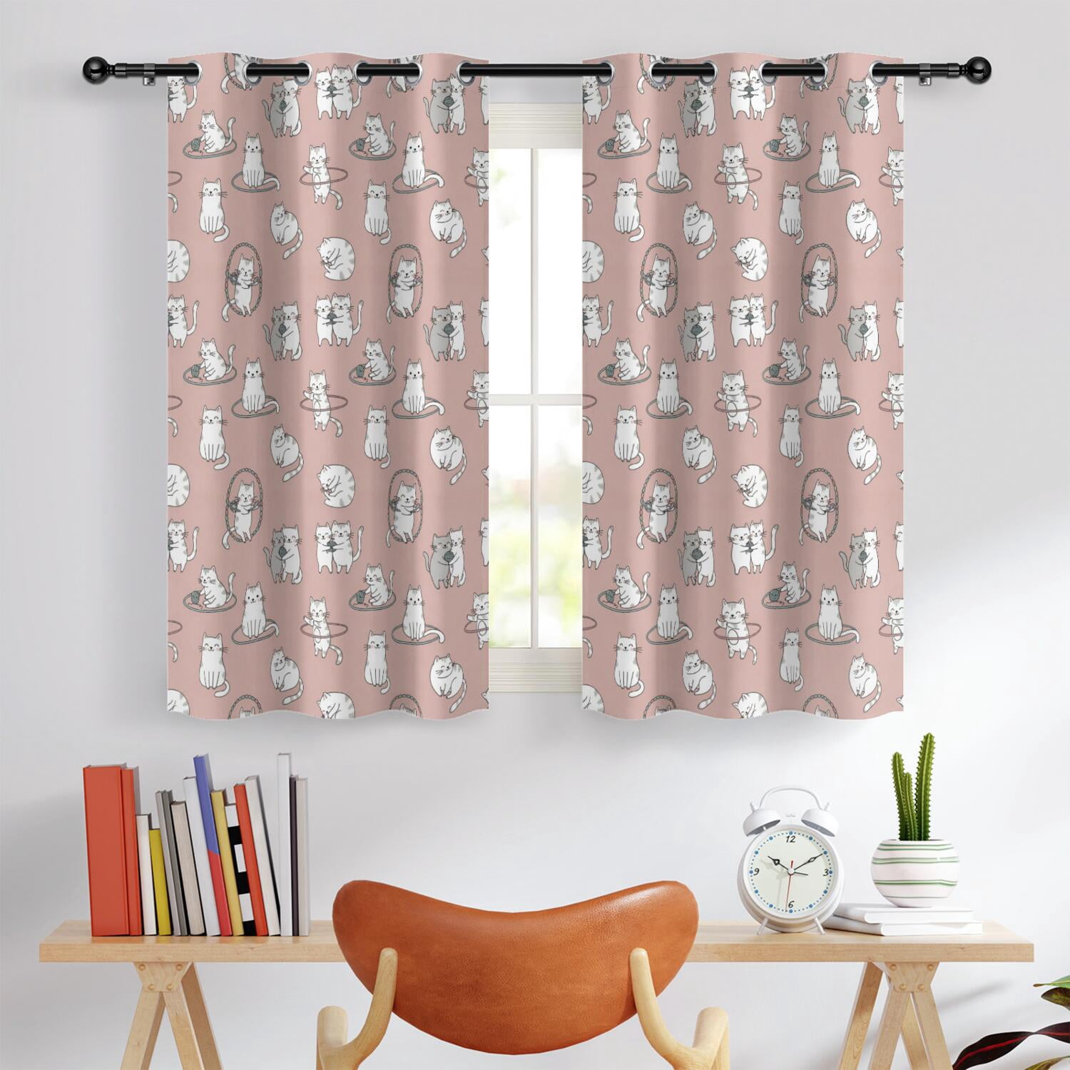 Cat and Yarn Pink Pattern Blackout Curtains,Triple Weaved Fabric ...
