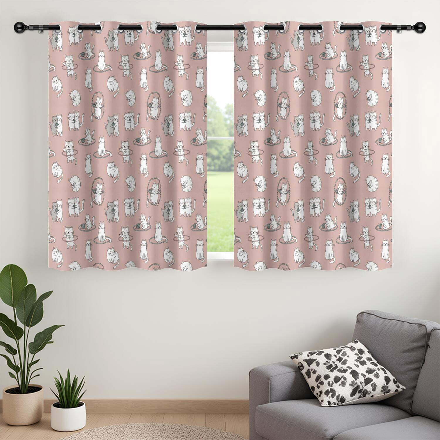Cat and Yarn Pink Pattern Blackout Curtains,Triple Weaved Fabric ...