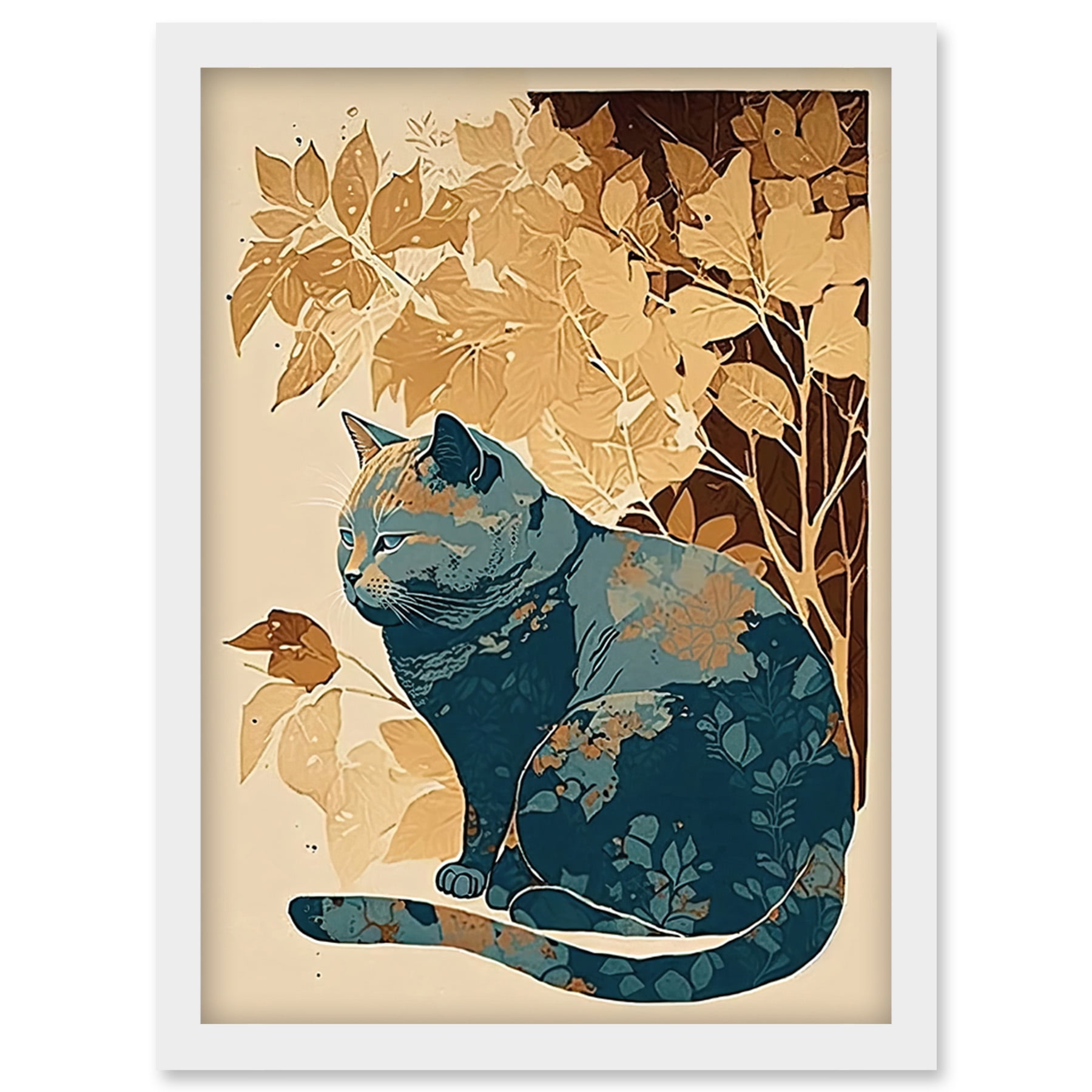 Cat by Countryside Shrub Bush in Autumn Modern Linocut Illustration ...