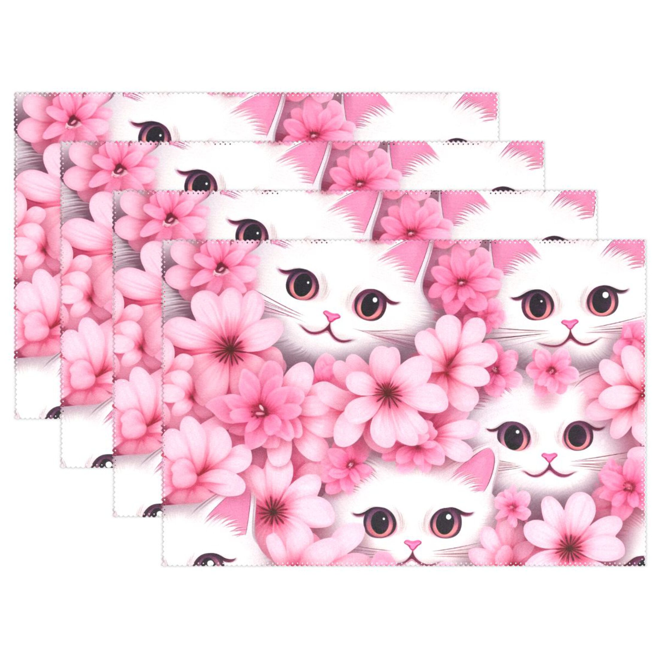 Cat in Flowers 4 PCs Placemats Set Linen Non-Slip Table Mat Rectangular ...