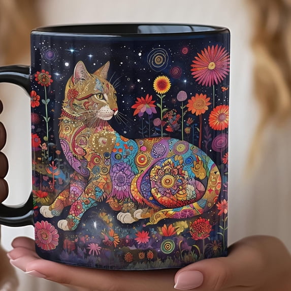 Cat in Huichol Art Style, Vibrant Colors, Mother's Day Gift, Coffee Cup ...