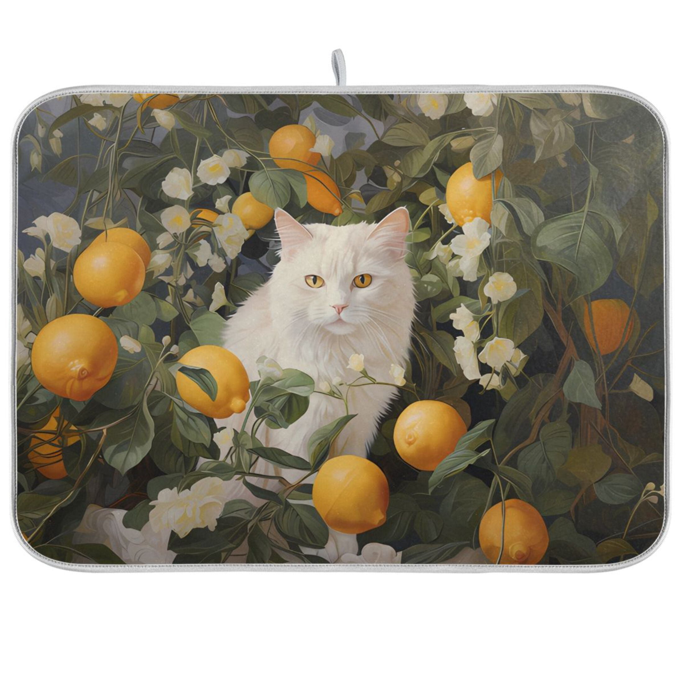 Cat in Lemon Trees Dish Drying Mat Microfiber Kitchen Pad Large Counter ...