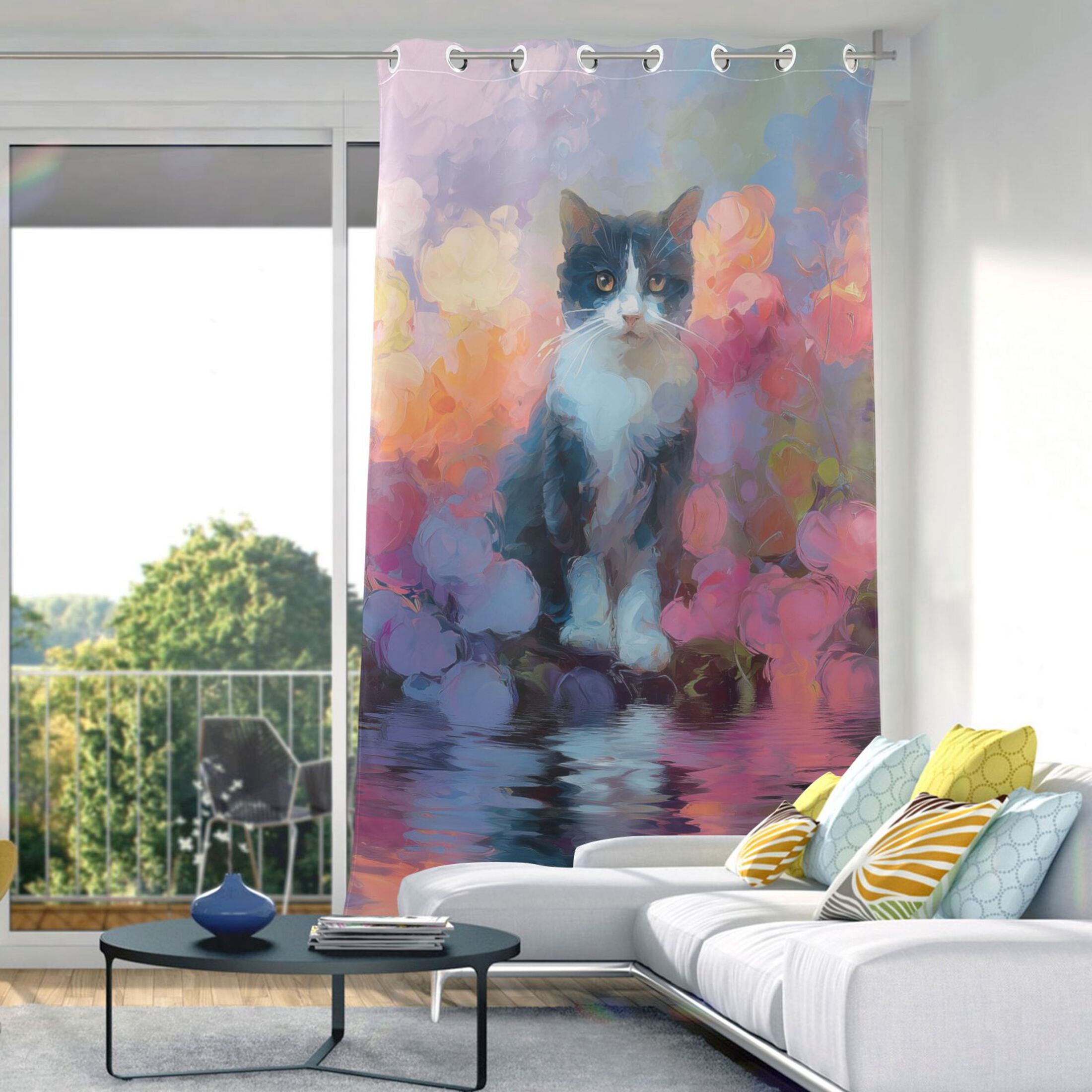 Cat in Middle Of Water Oil Painting Curtain Light Filtering Thermal ...