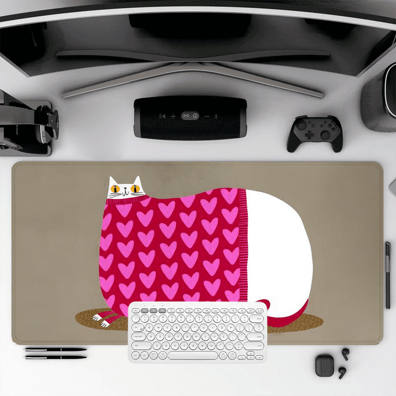 Cat in Pink Heart Sweater Mouse Pad 35.4 x 15.8 Inches Rubber Desk Mat ...