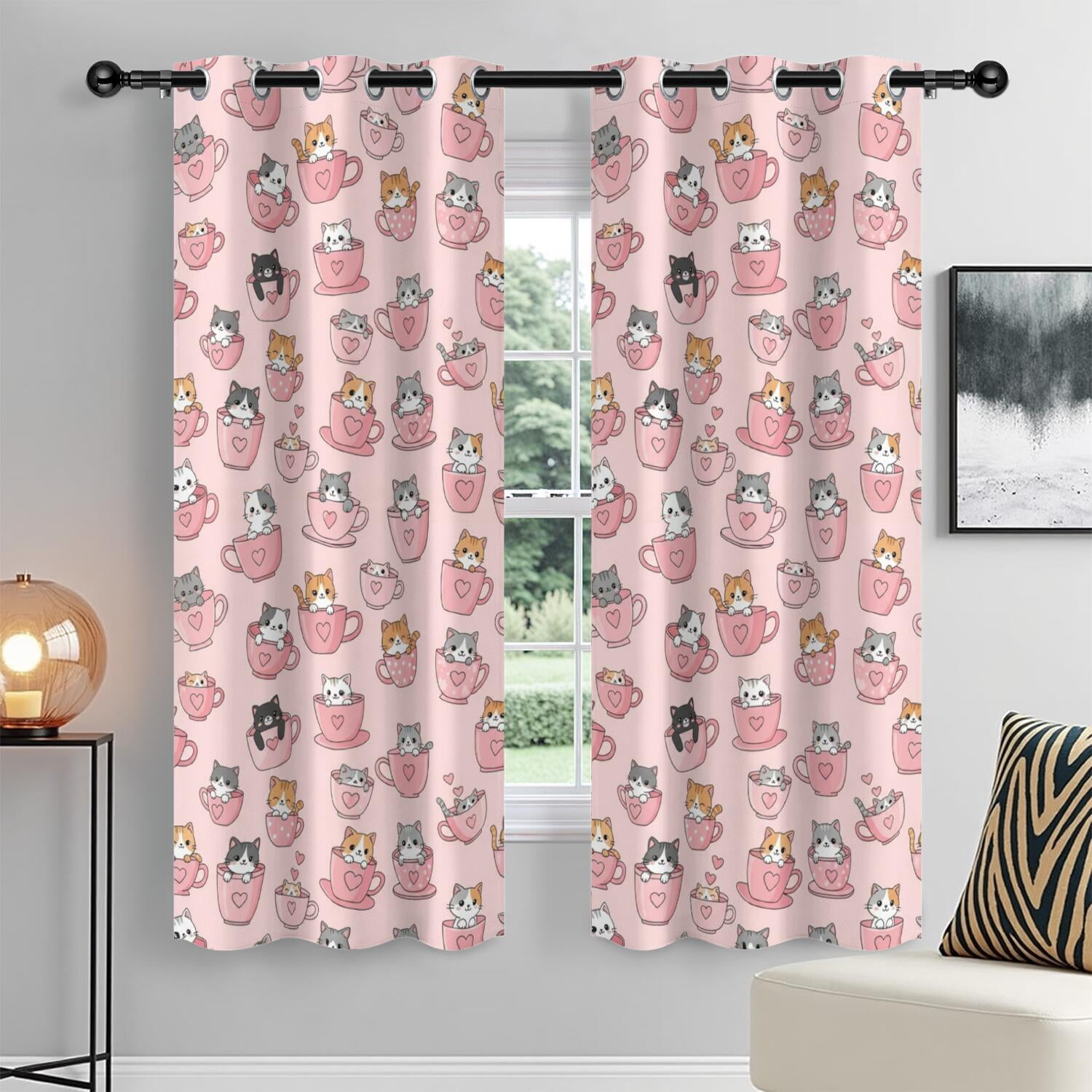 Cat in Teacup Pink Pattern Blackout Curtains,Triple Weaved Fabric ...