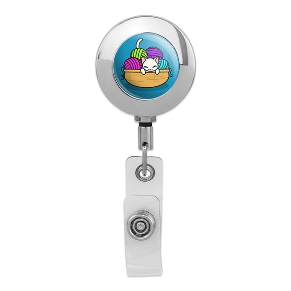 Cat in Yarn Basket Retractable Reel Premium Metal Chrome Badge ID Card ...