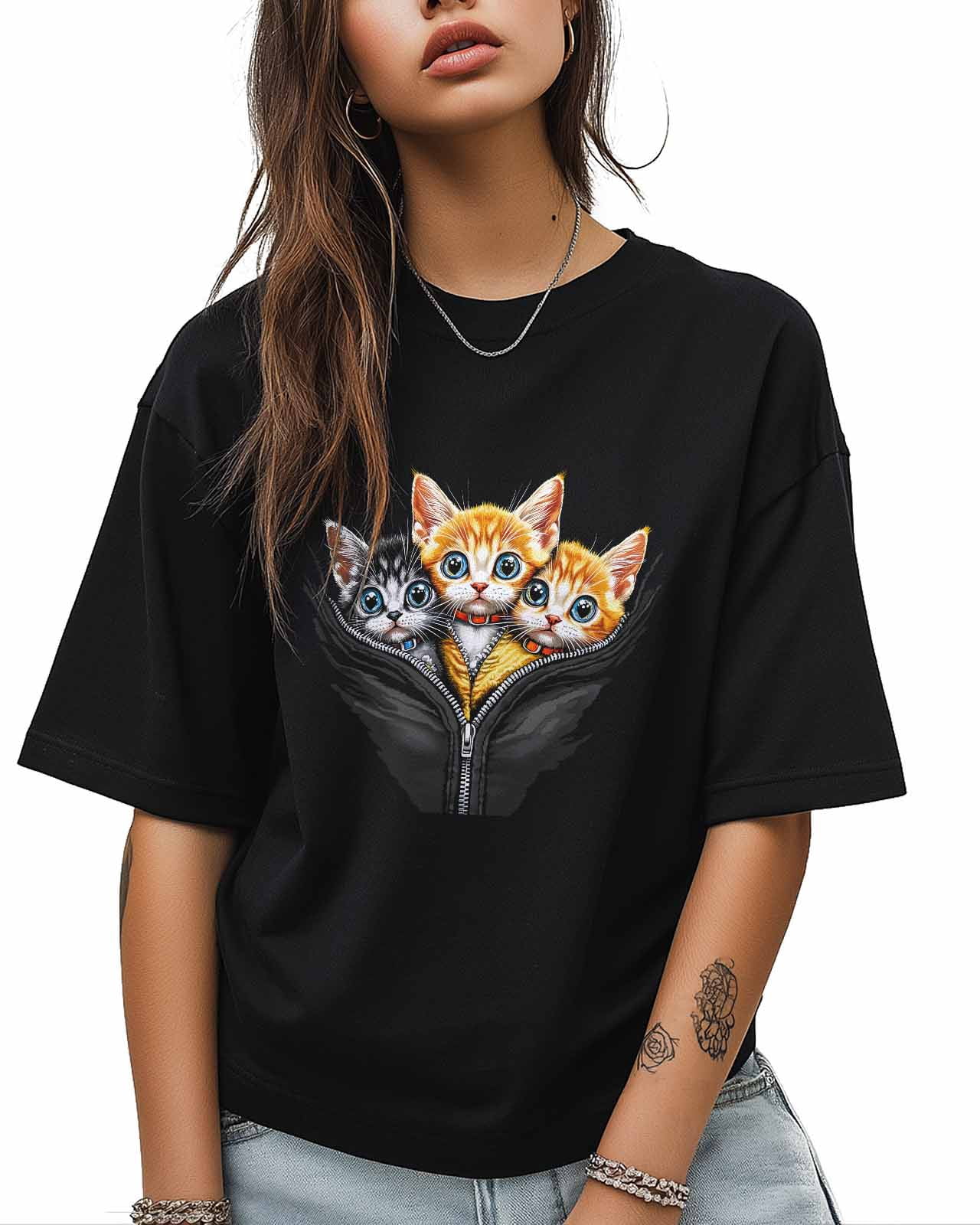Cat in Zipper T Shirts for Women Short Sleeve Cotton Crewneck T-Shirt ...
