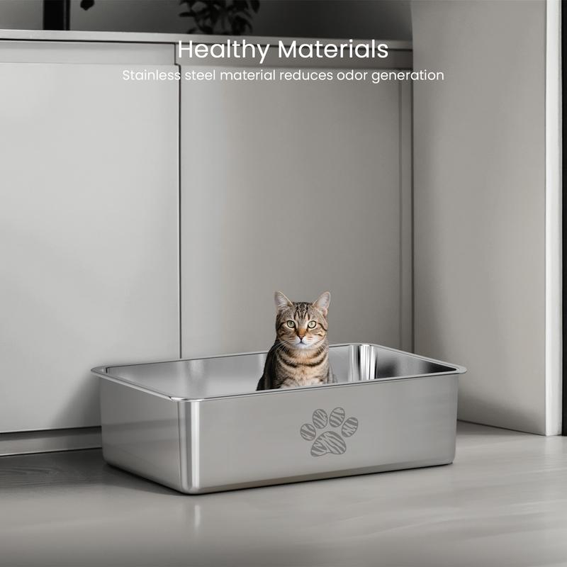 Cat litter box made of stainless steel with high edges, large space ...